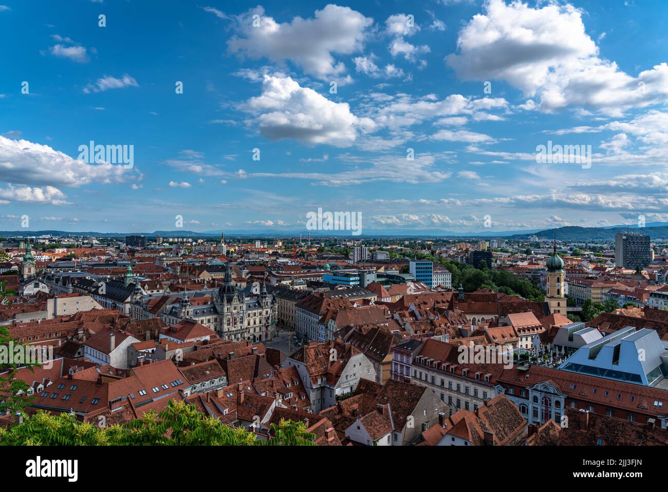 Aerial panorama view of Graz city old town from Castle Hill ...