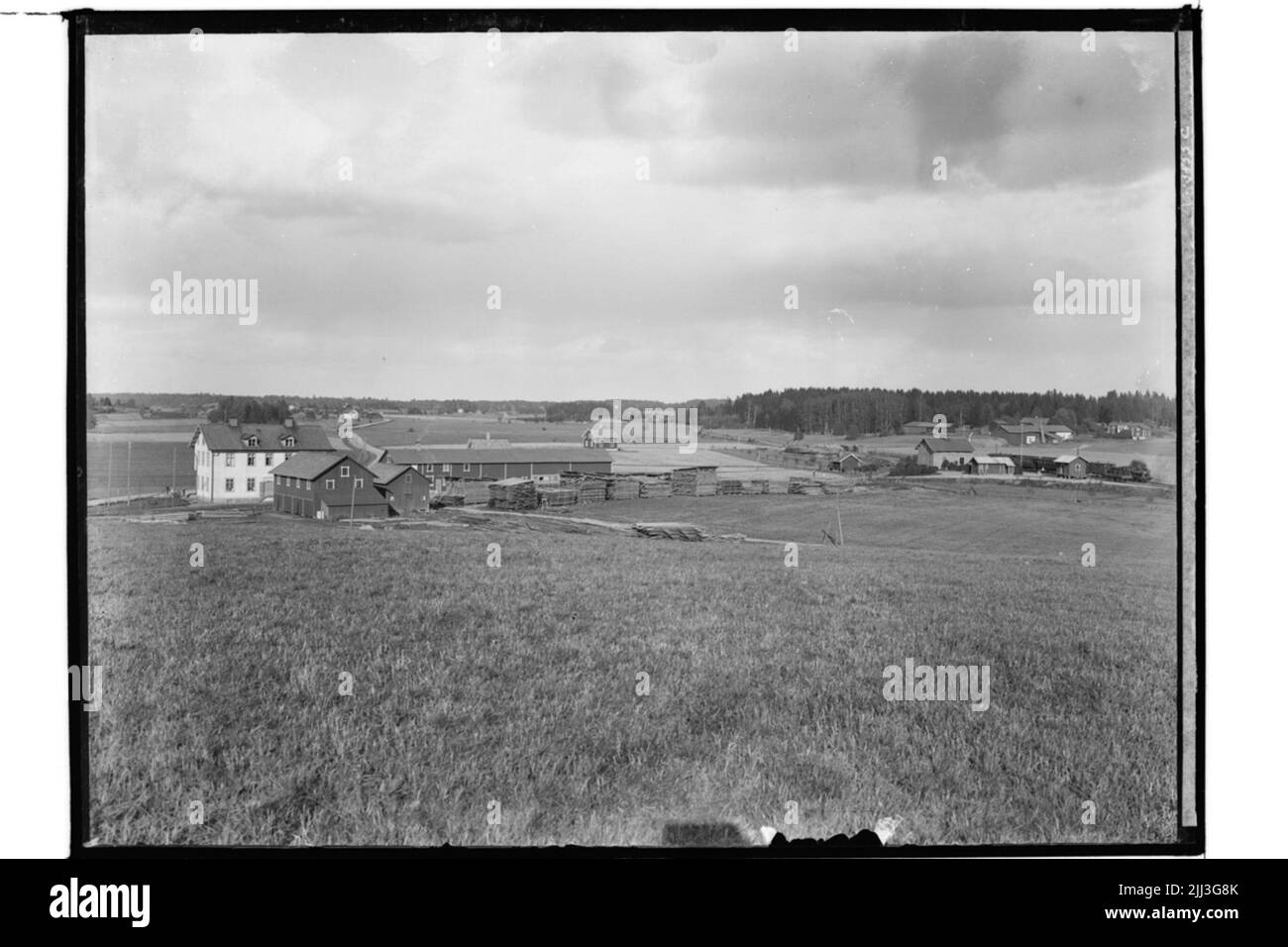 Steam saw, economy buildings and board stacks.Panorama image Stock ...