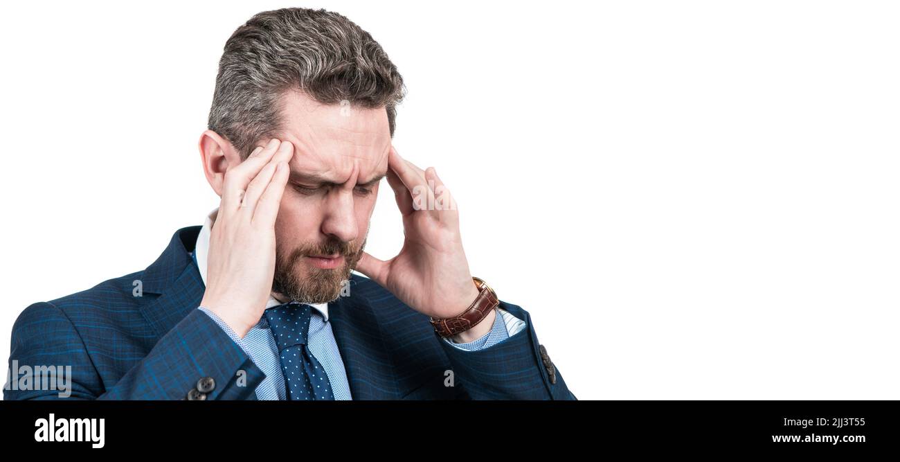 His head aches. Manager suffer from migraine pain. Headache attack ...