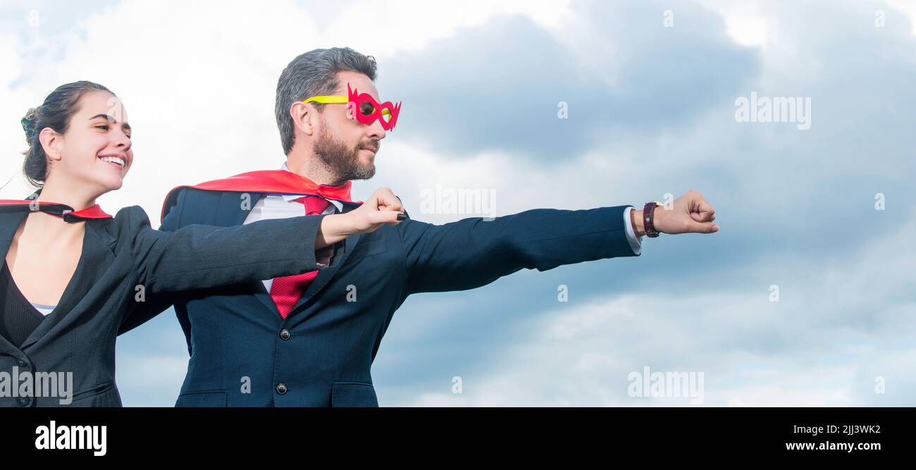 business people in superhero suit on sky background. Horizontal poster ...