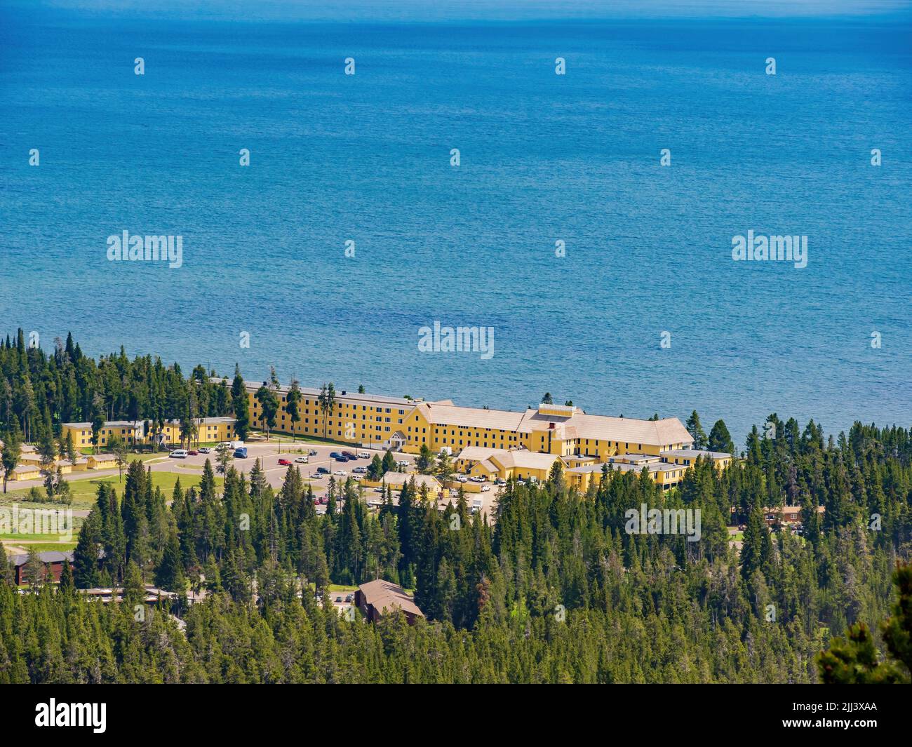 Sunny beautiful high angle view of the Yellowstone Lake landscape and ...