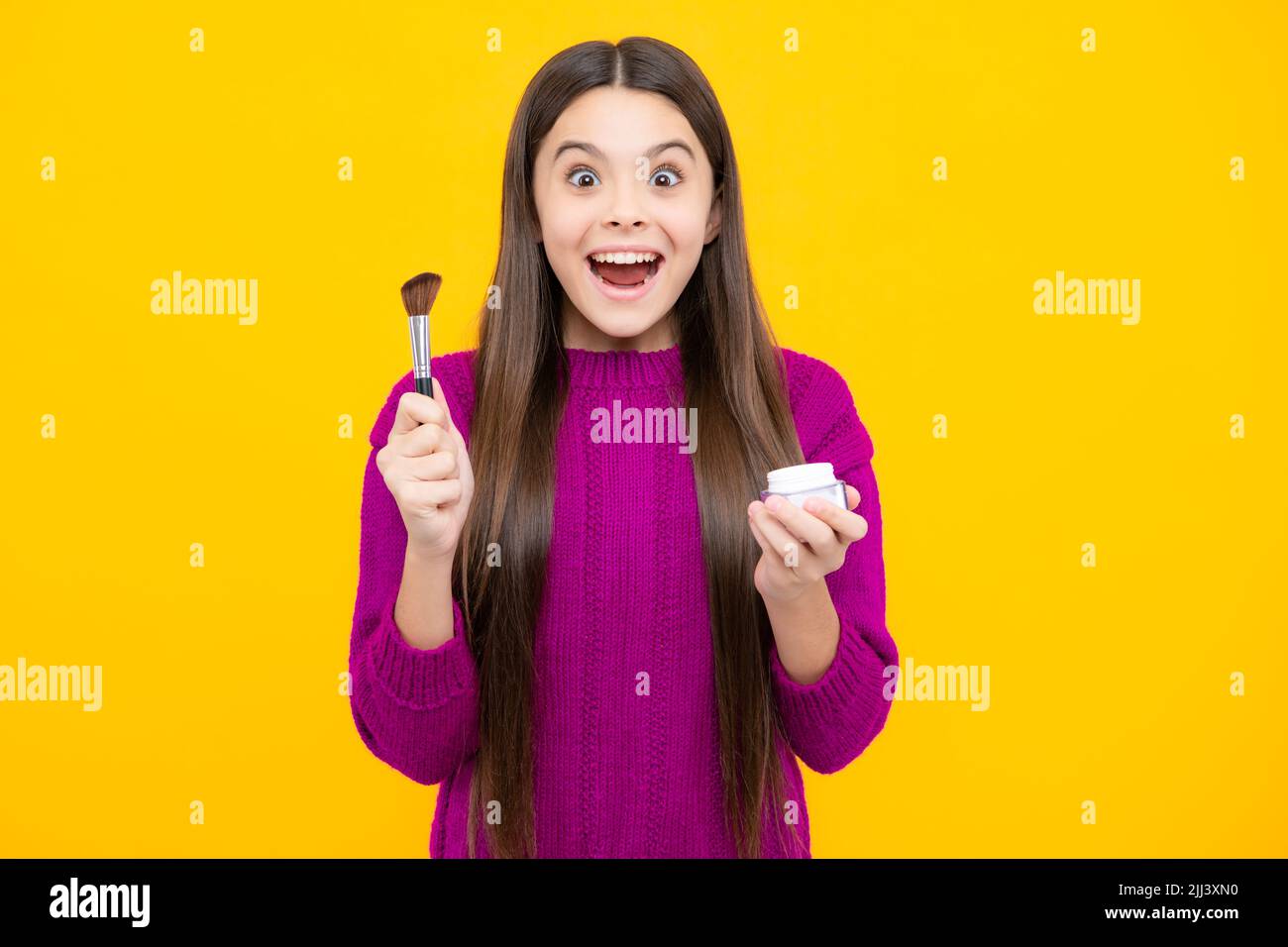 Excited face. Kids make up products. Makeup teen child artist apply ...