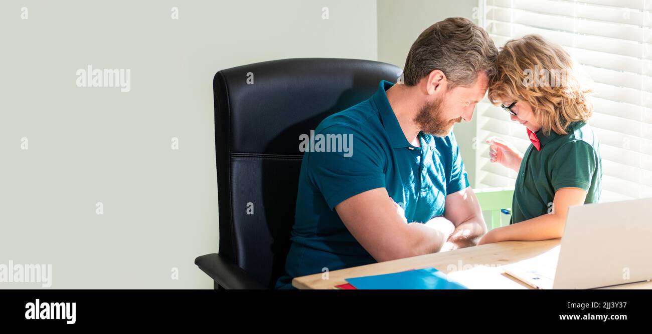 Banner of home school of father and son with laptop at home, friendship ...