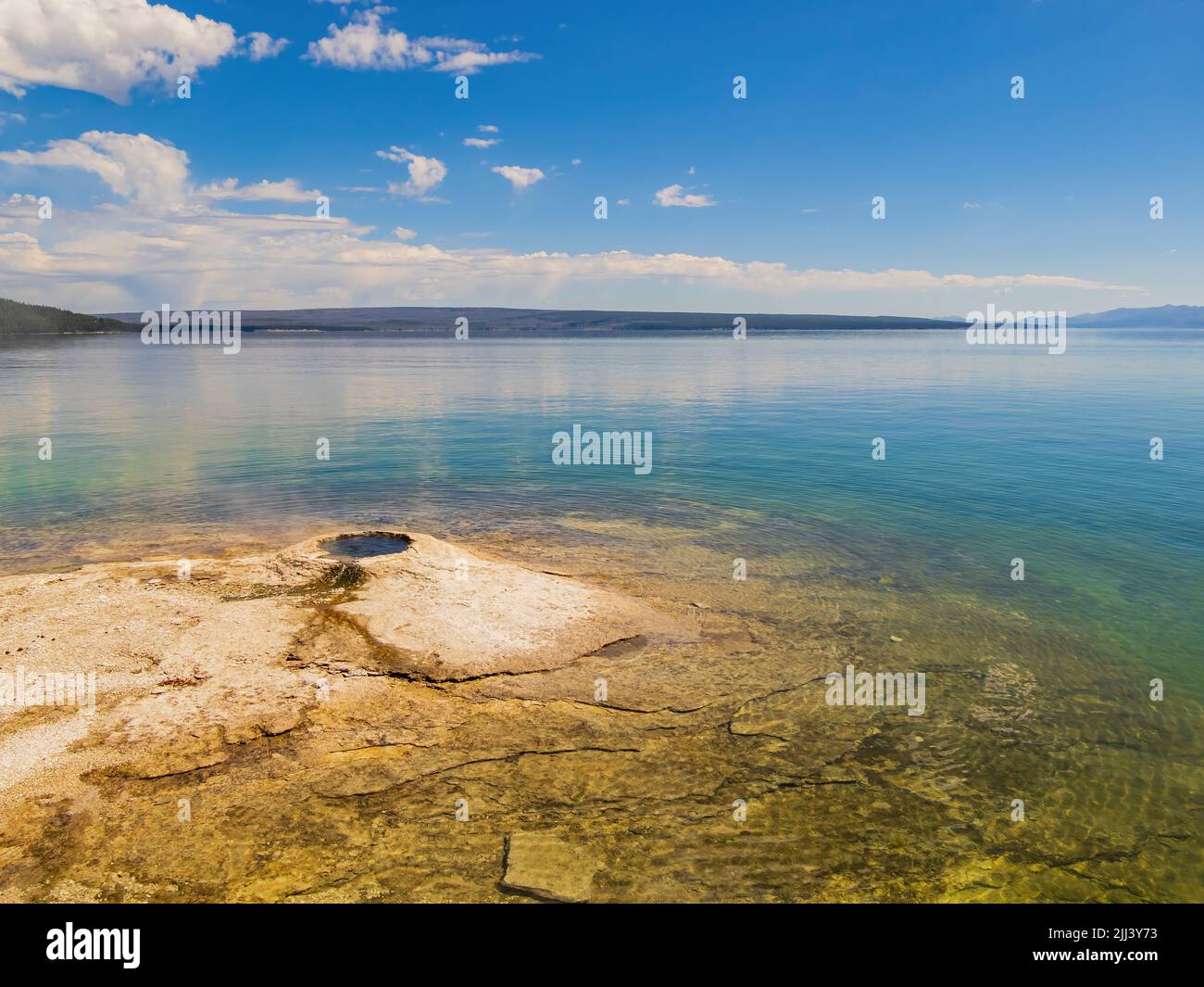 Sunny beautiful landscape of the Big Cone of West Thumb in Yellowstone ...