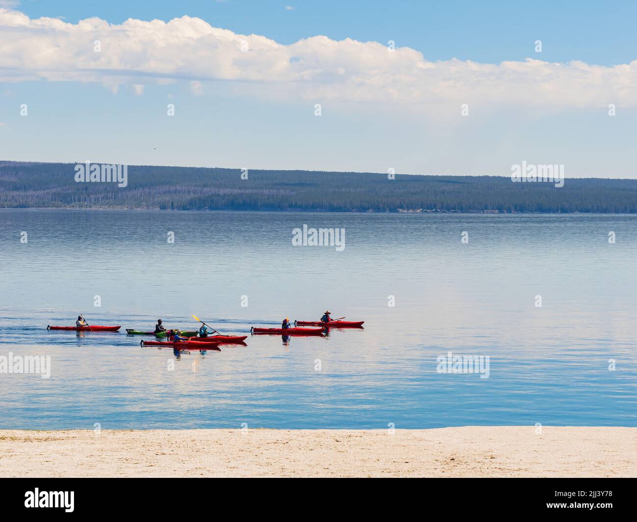 People playing Kayak in Yellowstone Lake of Yellowstone National Park ...
