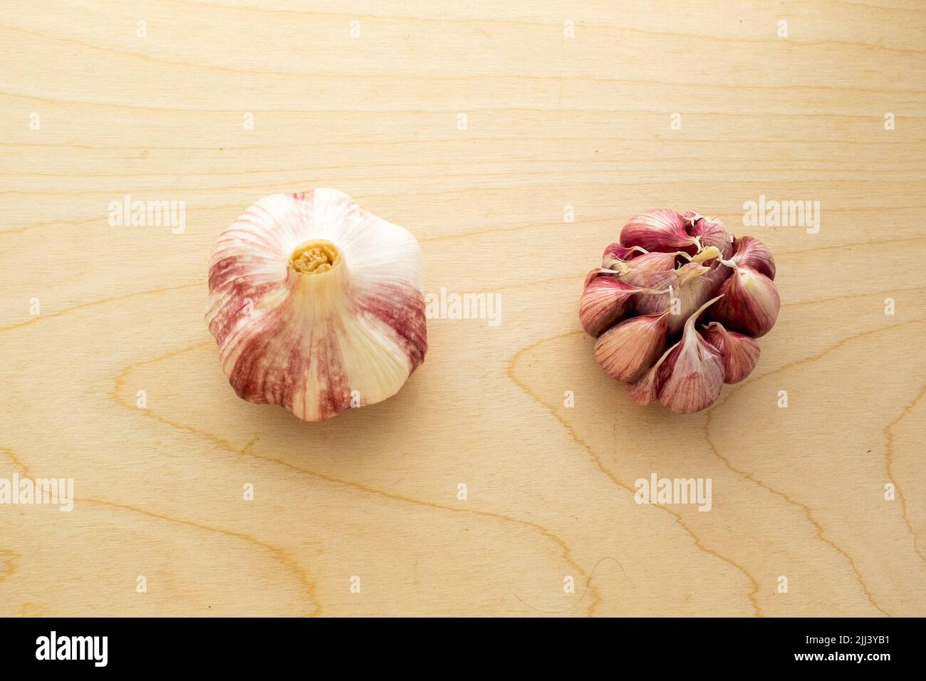 Two garlic head on the wooden table background, close-up. Organic ...