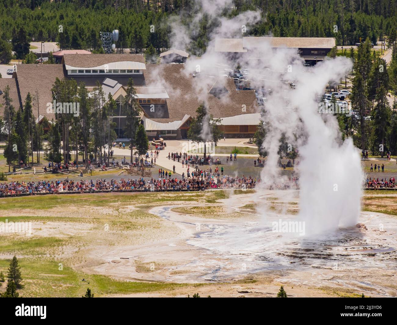 Aerial view of the Old Faithful geyser hot water eruptions at Wyoming ...