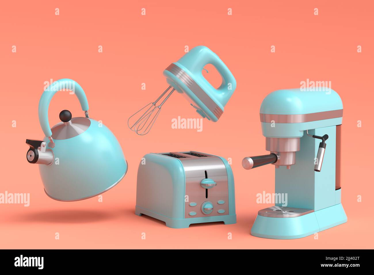 Espresso coffee machine, hand mixer, kettle and toaster for preparing ...
