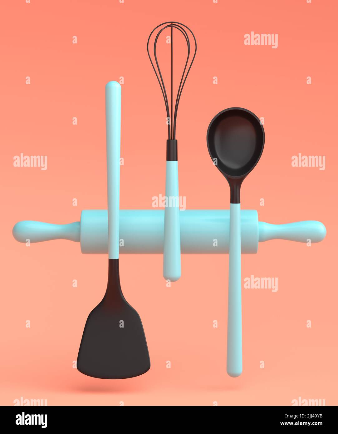 Wooden kitchen utensils, tools and equipment on coral background. 3d ...