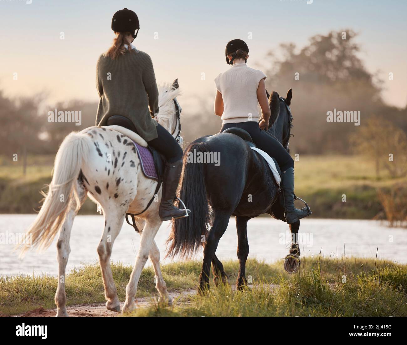 Exploring new paths. two young women out horseback riding together ...