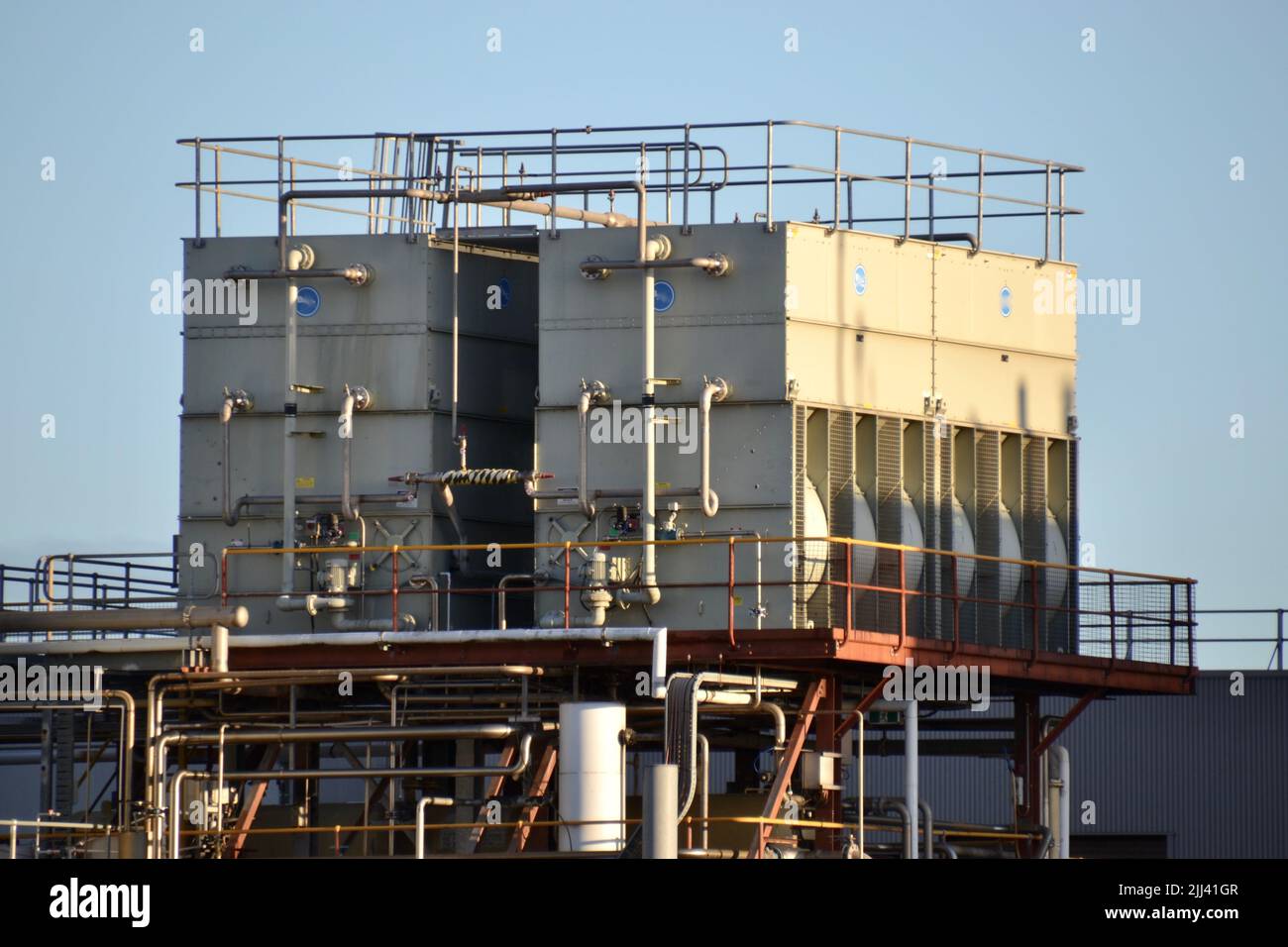 Rooftop cooling tower with safe access gantry and steel ladders and ...