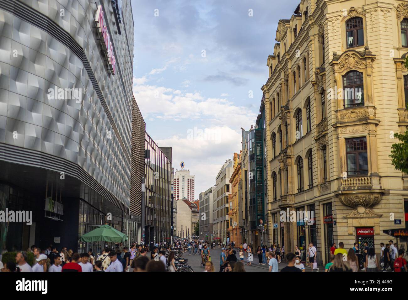 Leipzig, Germany - June 25, 2022: View through the Bruehl past the ...