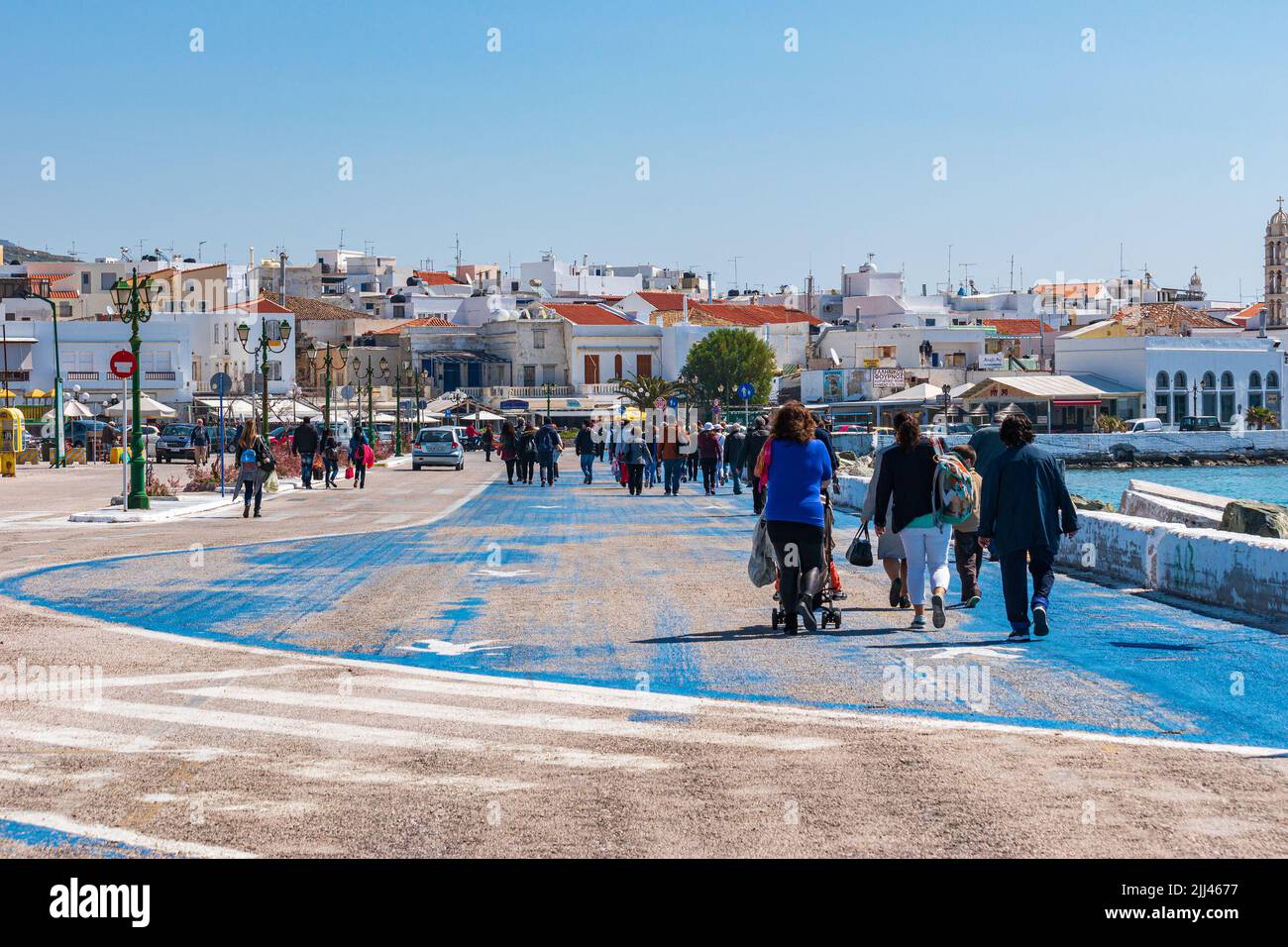 Urban view of Chora town in Tinos island around the port of Tinos in ...