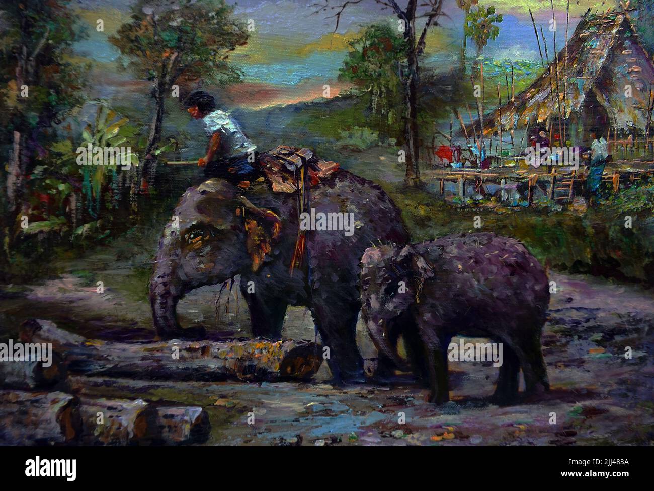 art painting Oil color Elephant family thailand , Countryside ...