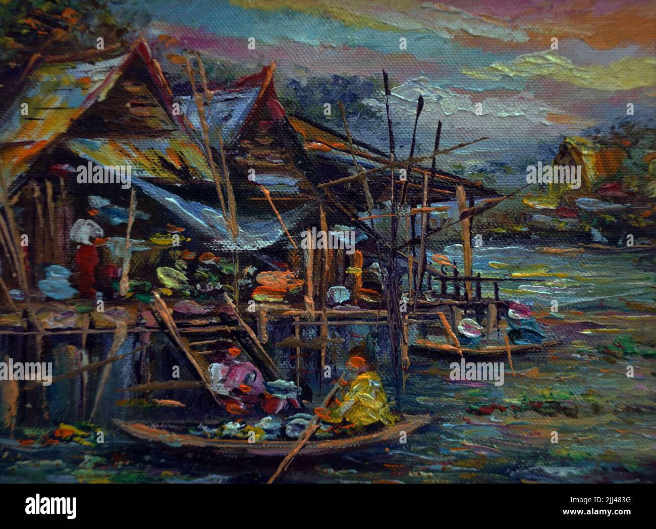 original art painting oil color floating market thailand countryside ...