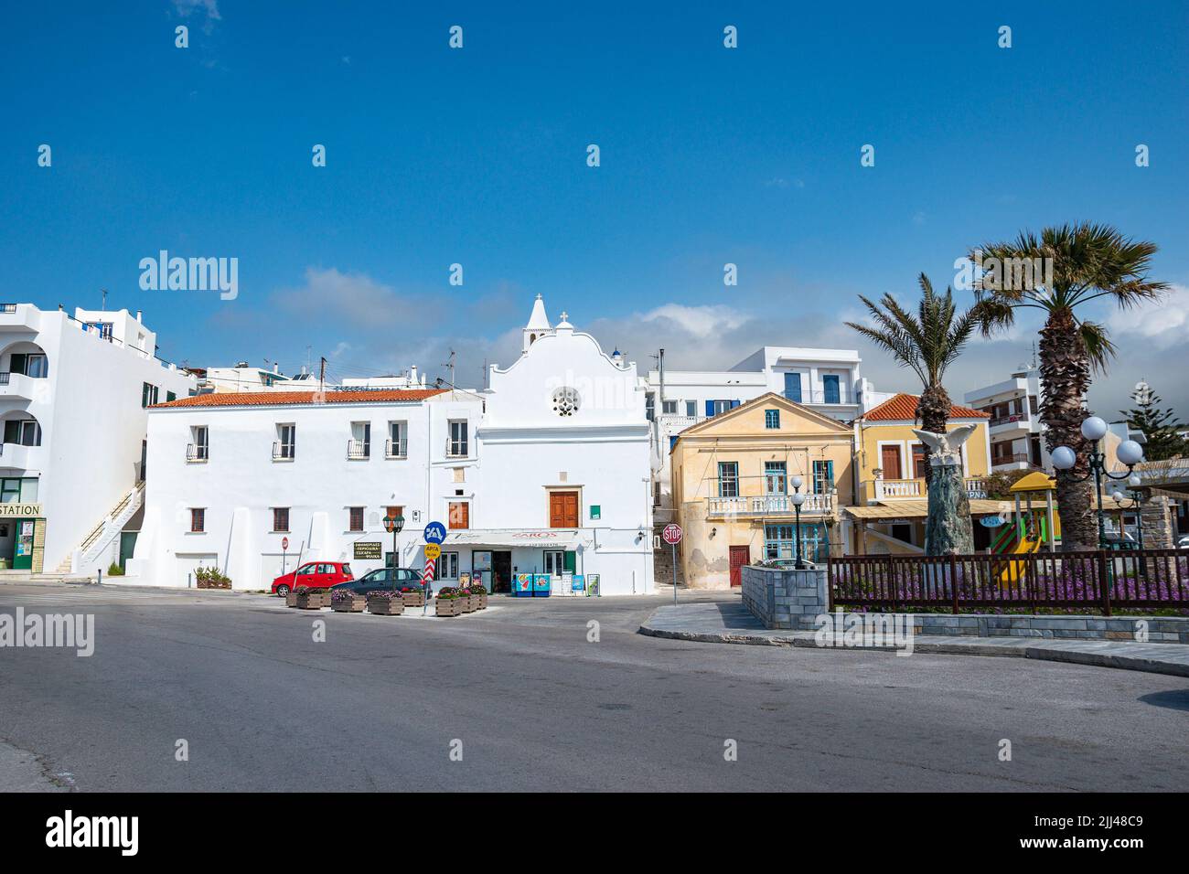 Urban view of Chora town in Tinos island around the port of Tinos in ...