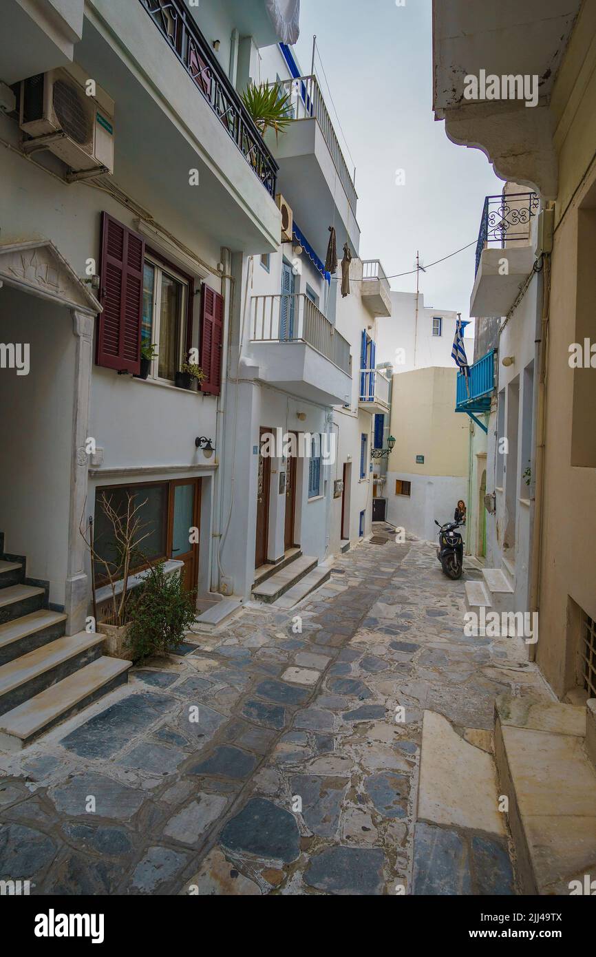 Narrow streets in the center of Chora, Tinos with traditional ...
