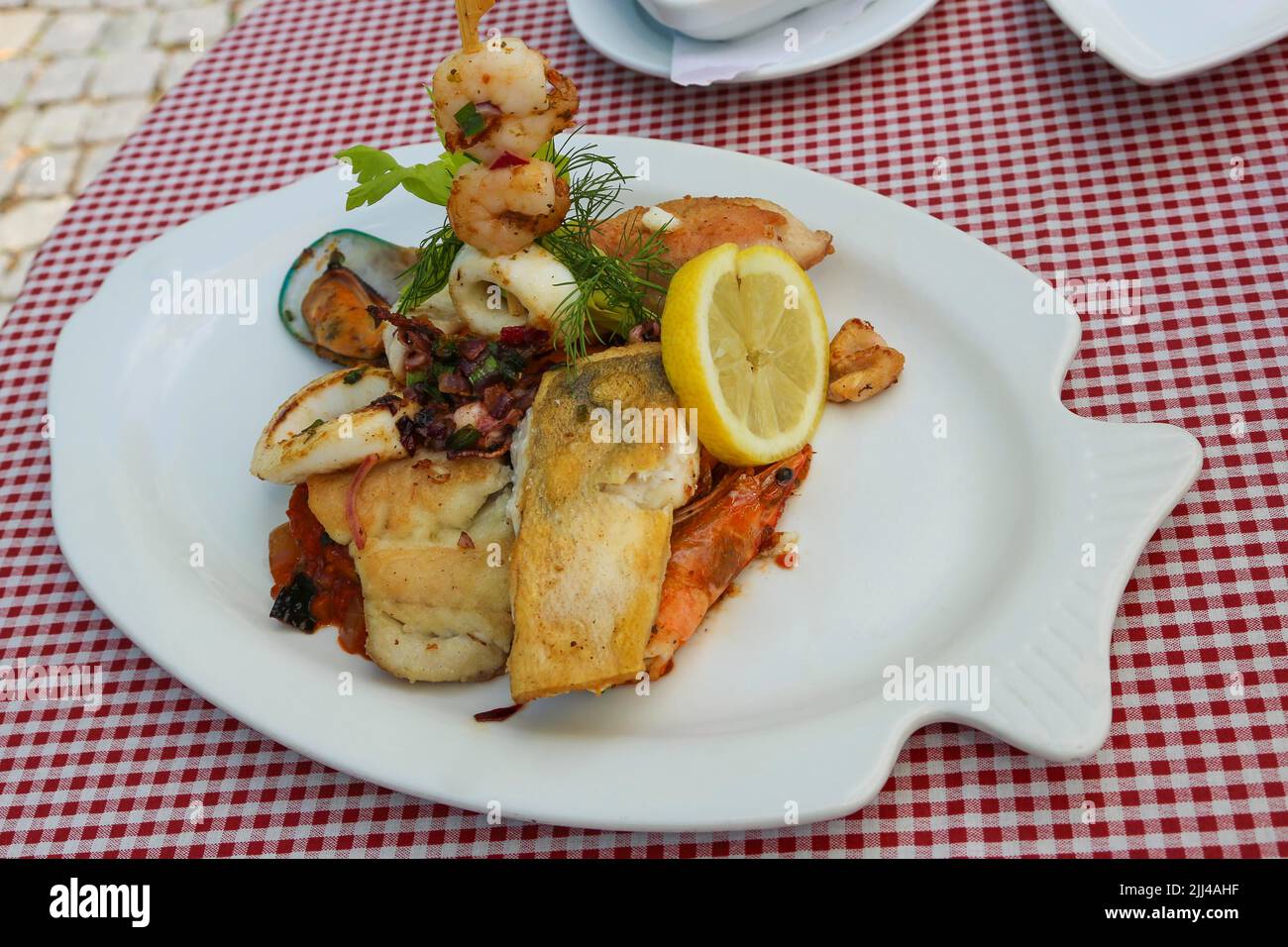 Fish dish, traditional restaurant Zur Forelle, various noble fish fried ...