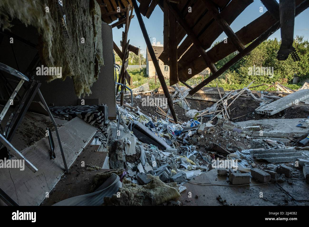 An interior view of a destroyed residential house caused by a Russian ...