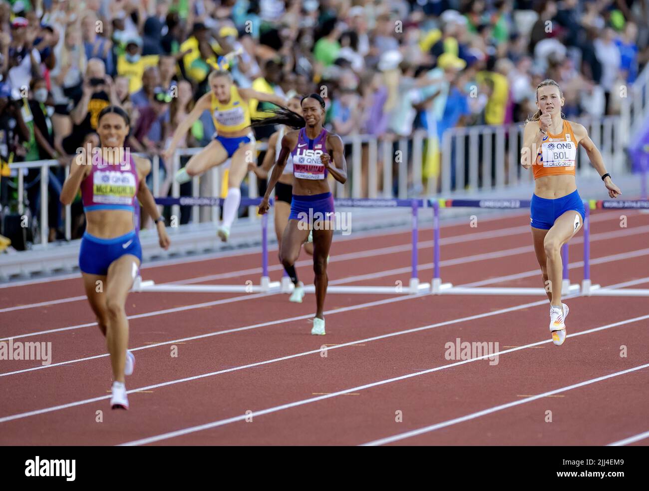 Oregon, USA. 23rd July, 2022. EUGENE - Femke Bol crosses the finish ...