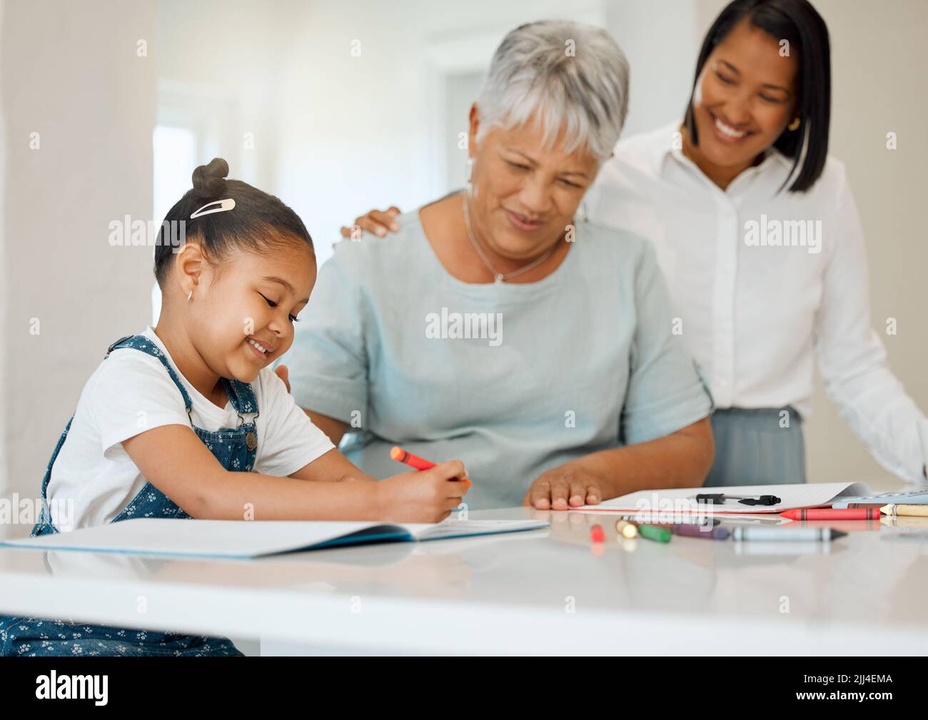 Could you draw grandma. a young girl getting help from her mother and ...