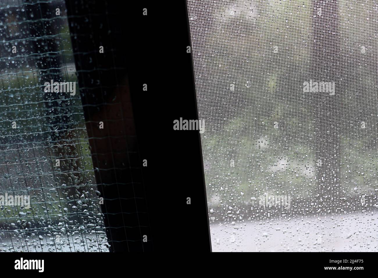 Water droplets on the screen door after the rain and the scenery ...