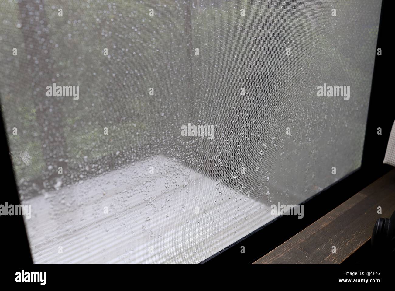 Water droplets on the screen door after the rain and the scenery ...