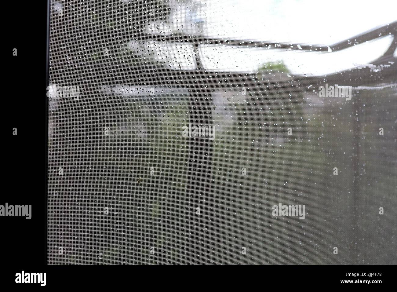 Water droplets on the screen door after the rain and the scenery ...