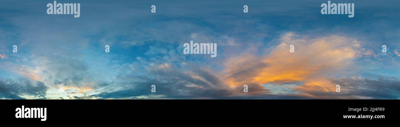 Dark blue sunset sky panorama with golden Cumulus clouds. Seamless hdr ...