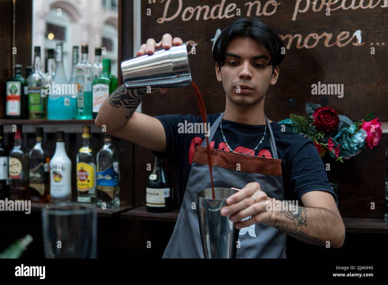 Young latin bartender at a bar pouring cocktails into a shaker. Bartender is making a cocktail ...