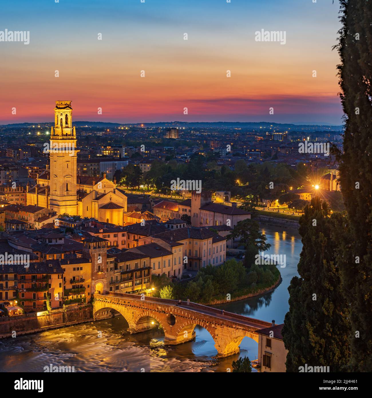 Aerial view of Verona historical city centre, Ponte Pietra bridge ...