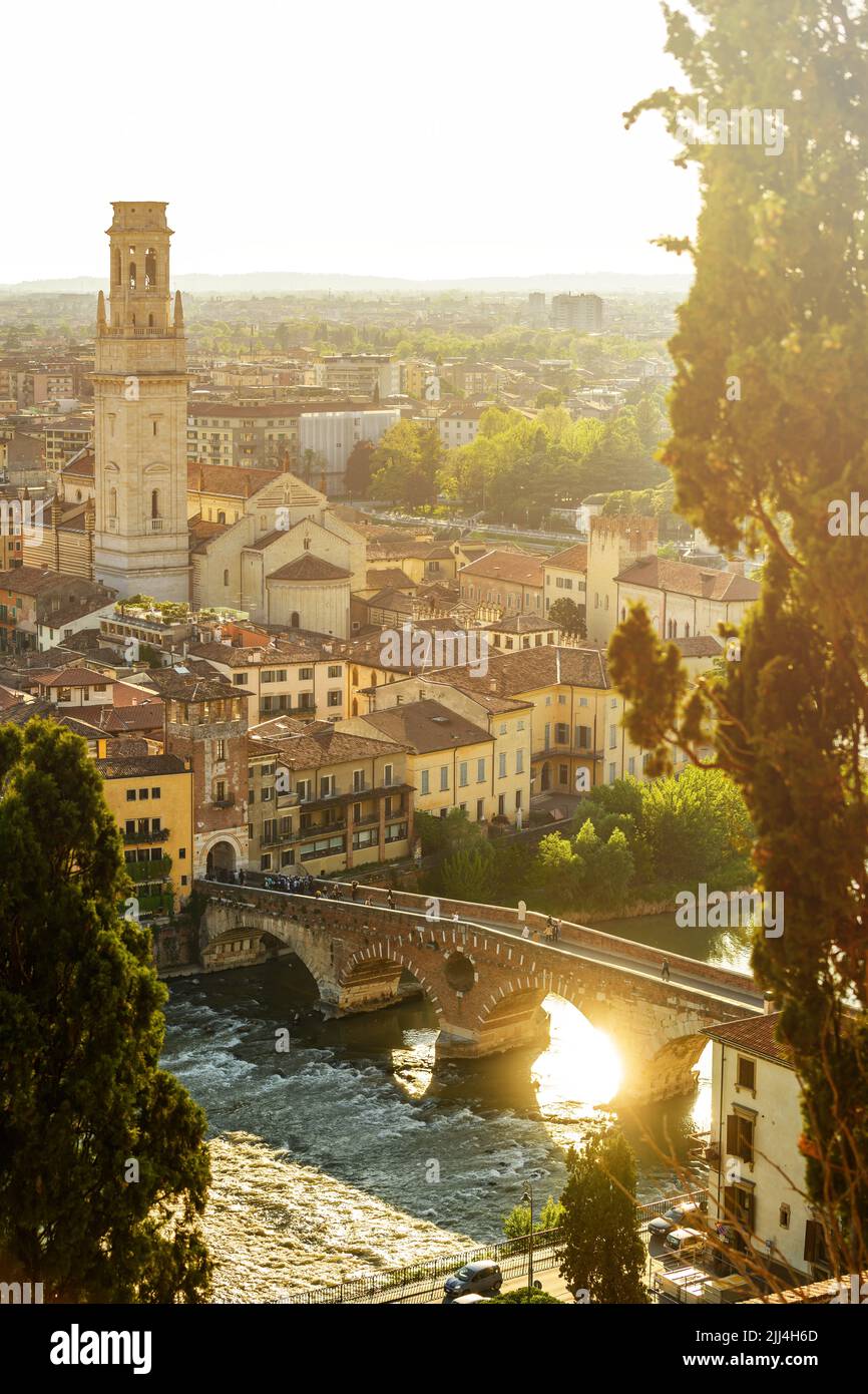 Aerial view of Verona historical city centre, Ponte Pietra bridge ...