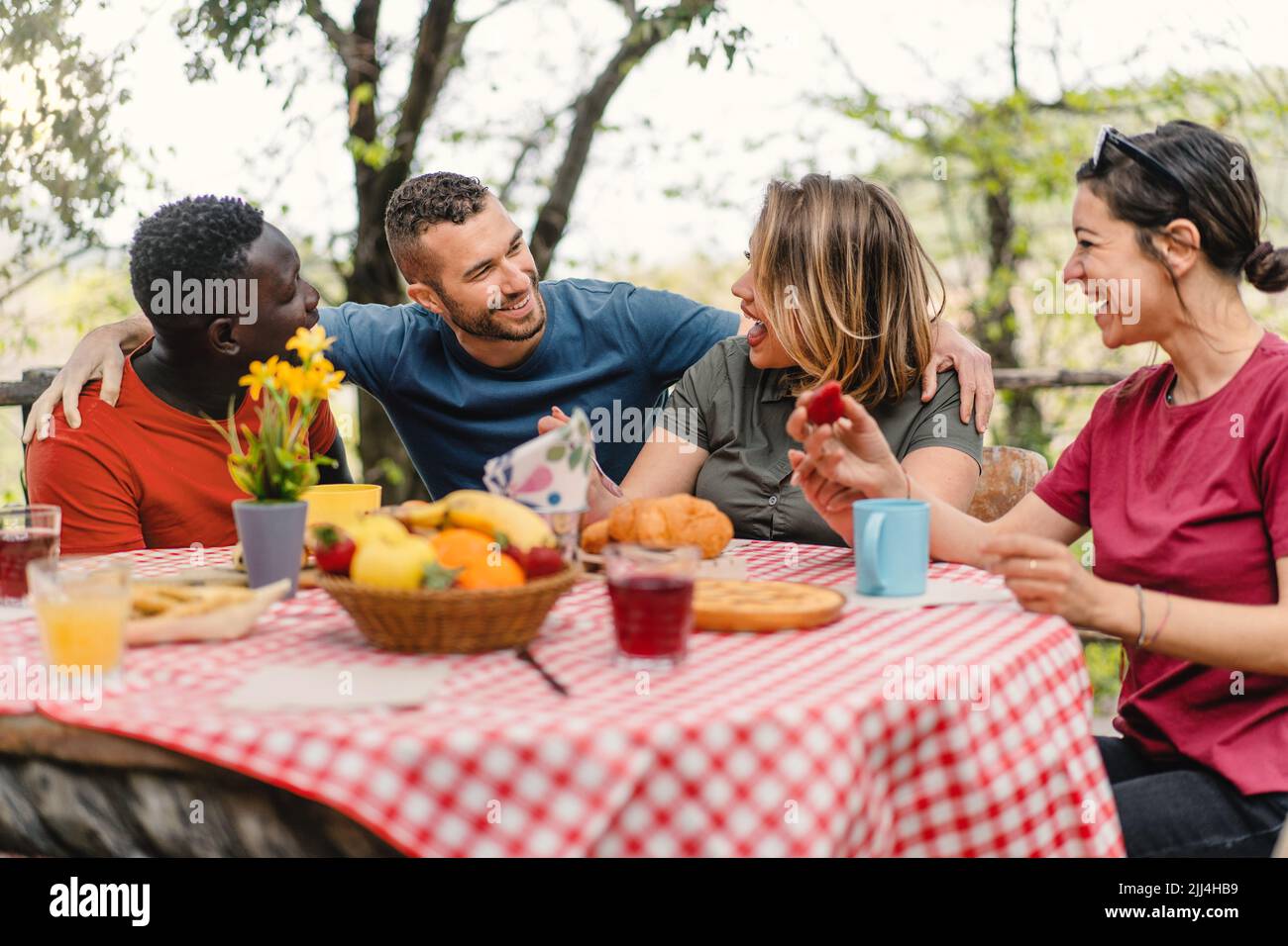 Group of multiracial cheerful friends get together at farmhouse ...