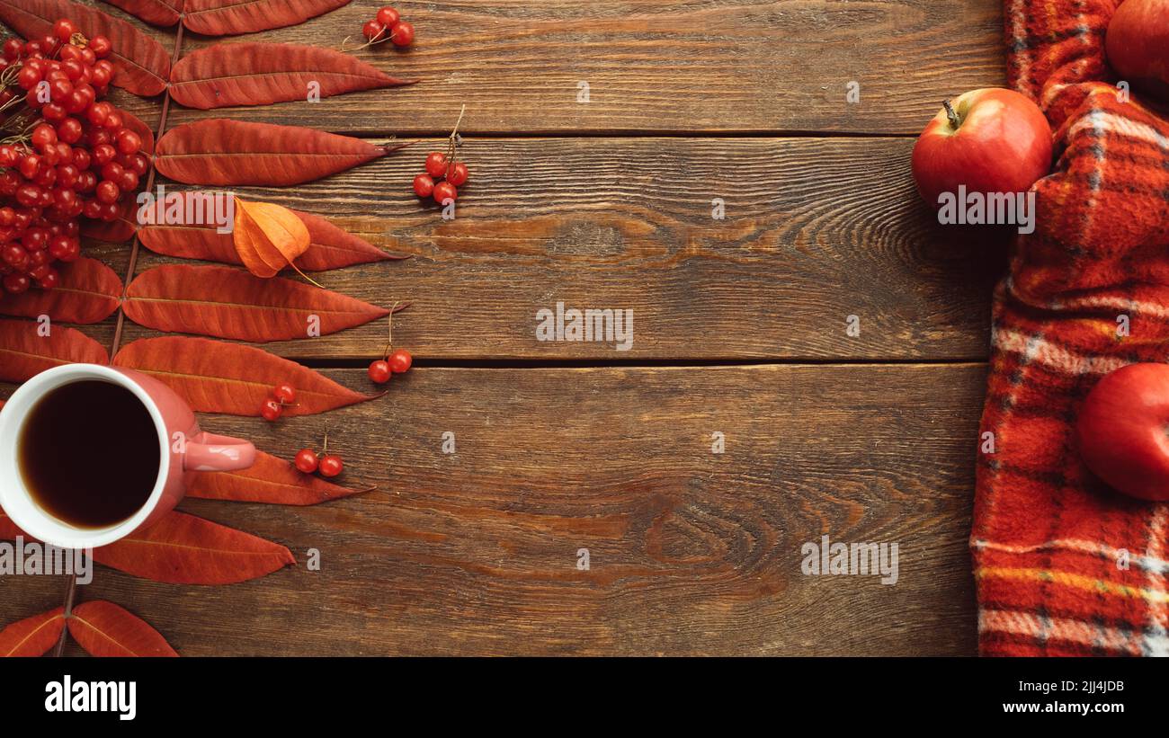 autumn leaves background hot drink concept Stock Photo - Alamy