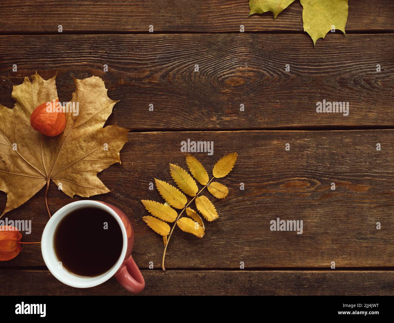 autumn tea warm leaves wooden surface concept Stock Photo - Alamy