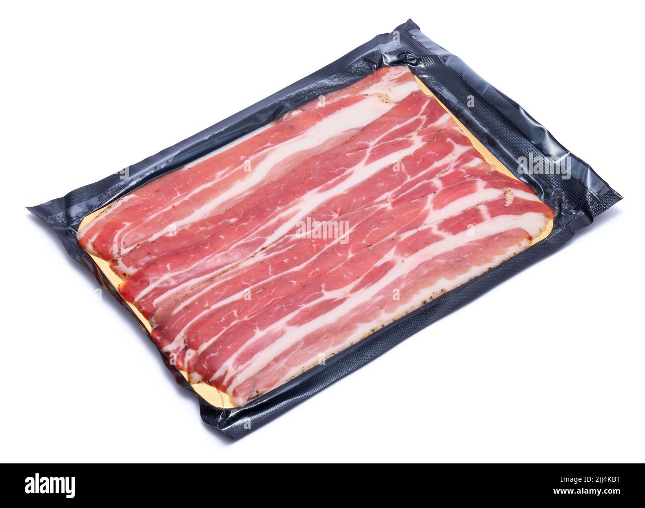 Bacon strips in plastic package for wholesales isolated on white ...