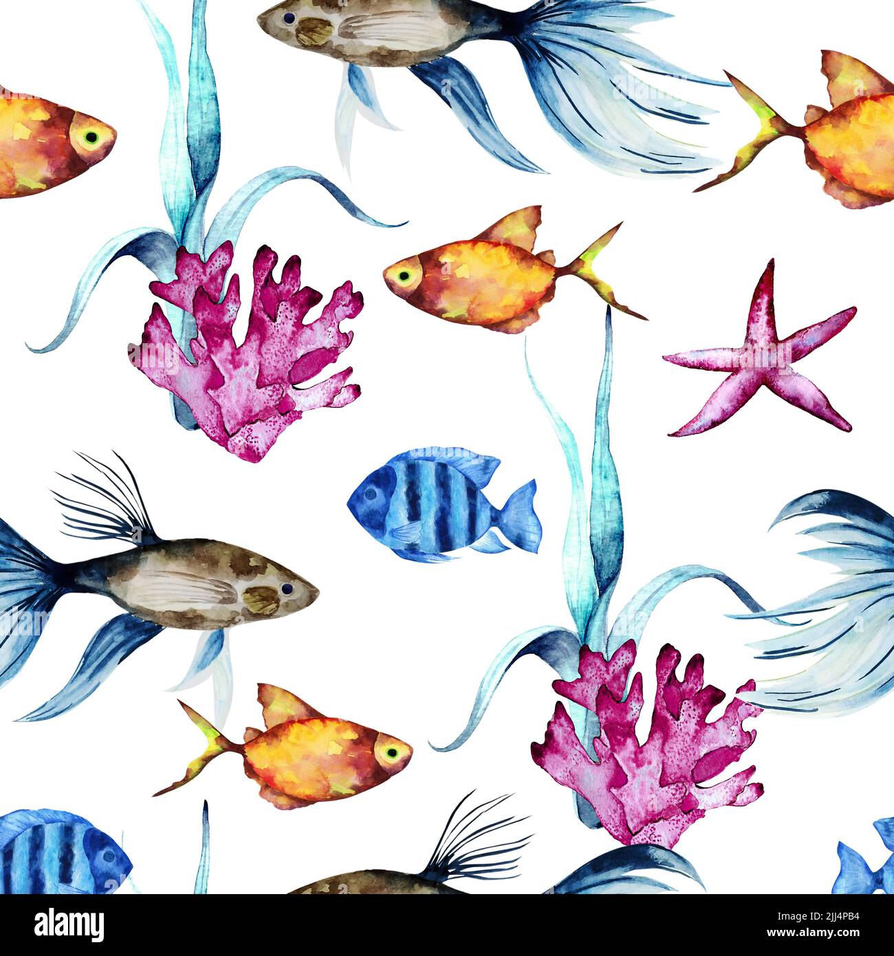 Natural repeating texture design about sea life.Watercolor seamless ...