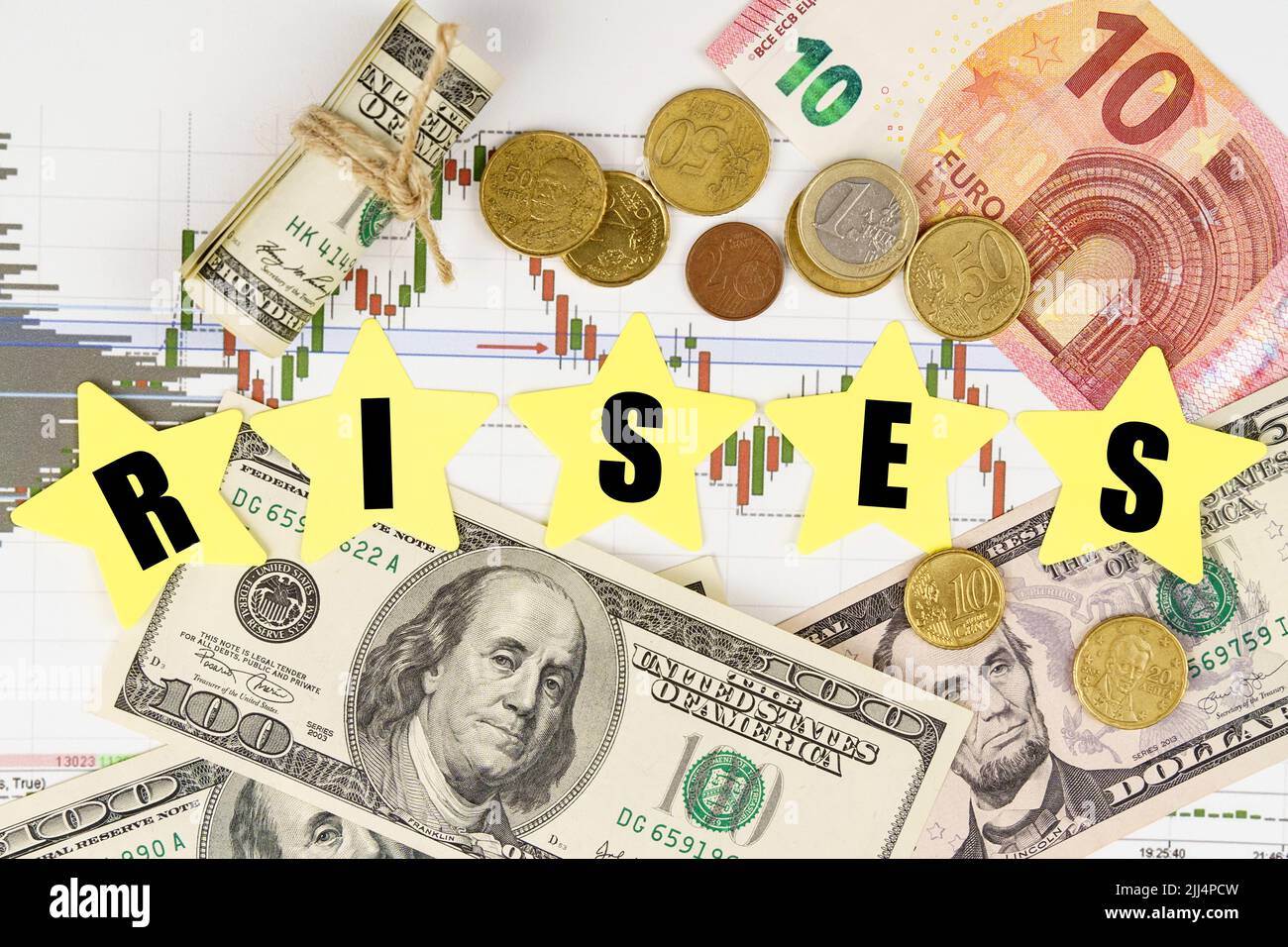 Finance and economics concept. Among the charts and money are asterisks ...