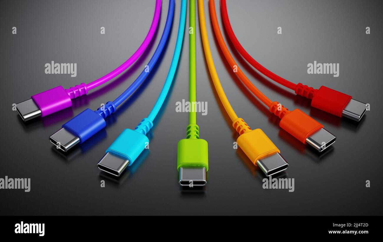 Colorful type C usb cables on dark background. 3D illustration Stock ...