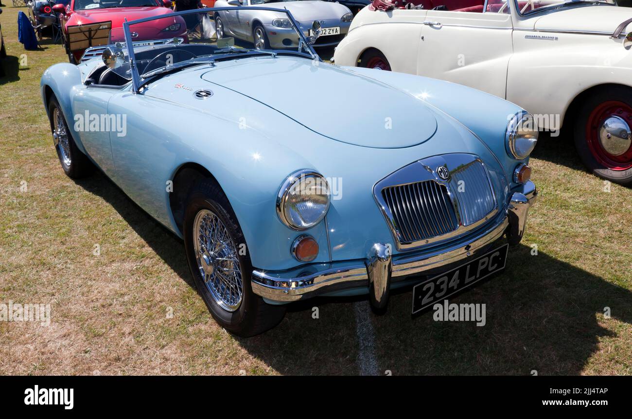 Three-quarters front view, of a Blue, 1959, MGA Roadster, on display at ...
