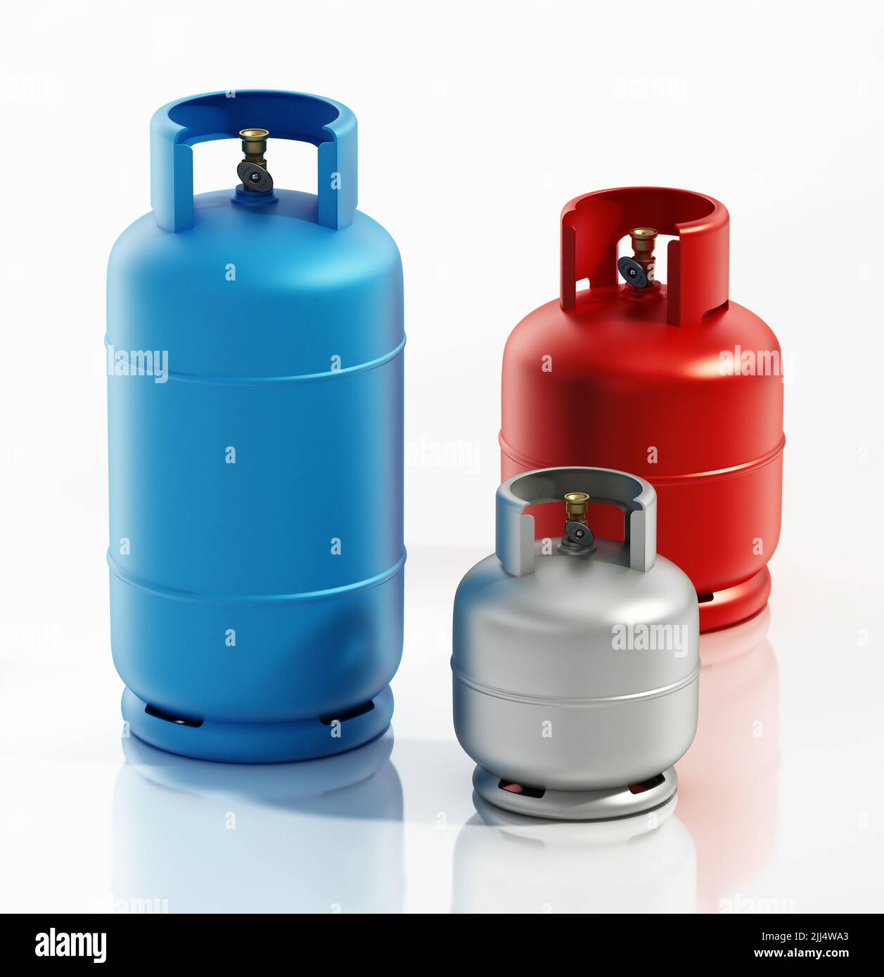 Various sized gas cylinders isolated on white background. 3D ...