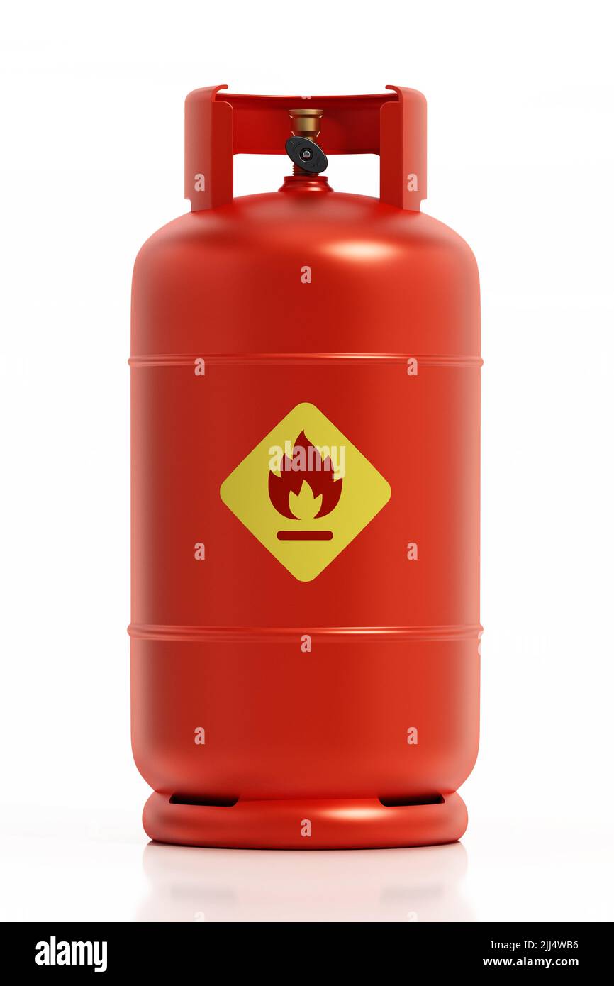 Red gas cylinder with flamable label isolated on white background. 3D ...