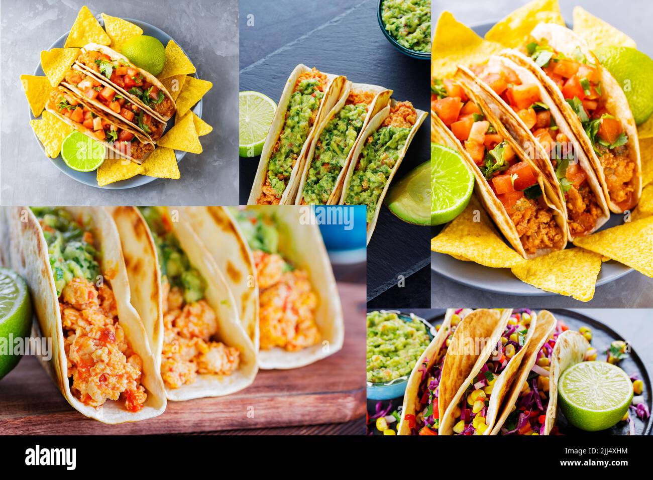 Mexican tacos collage. Mexican food collage with various tacos ...