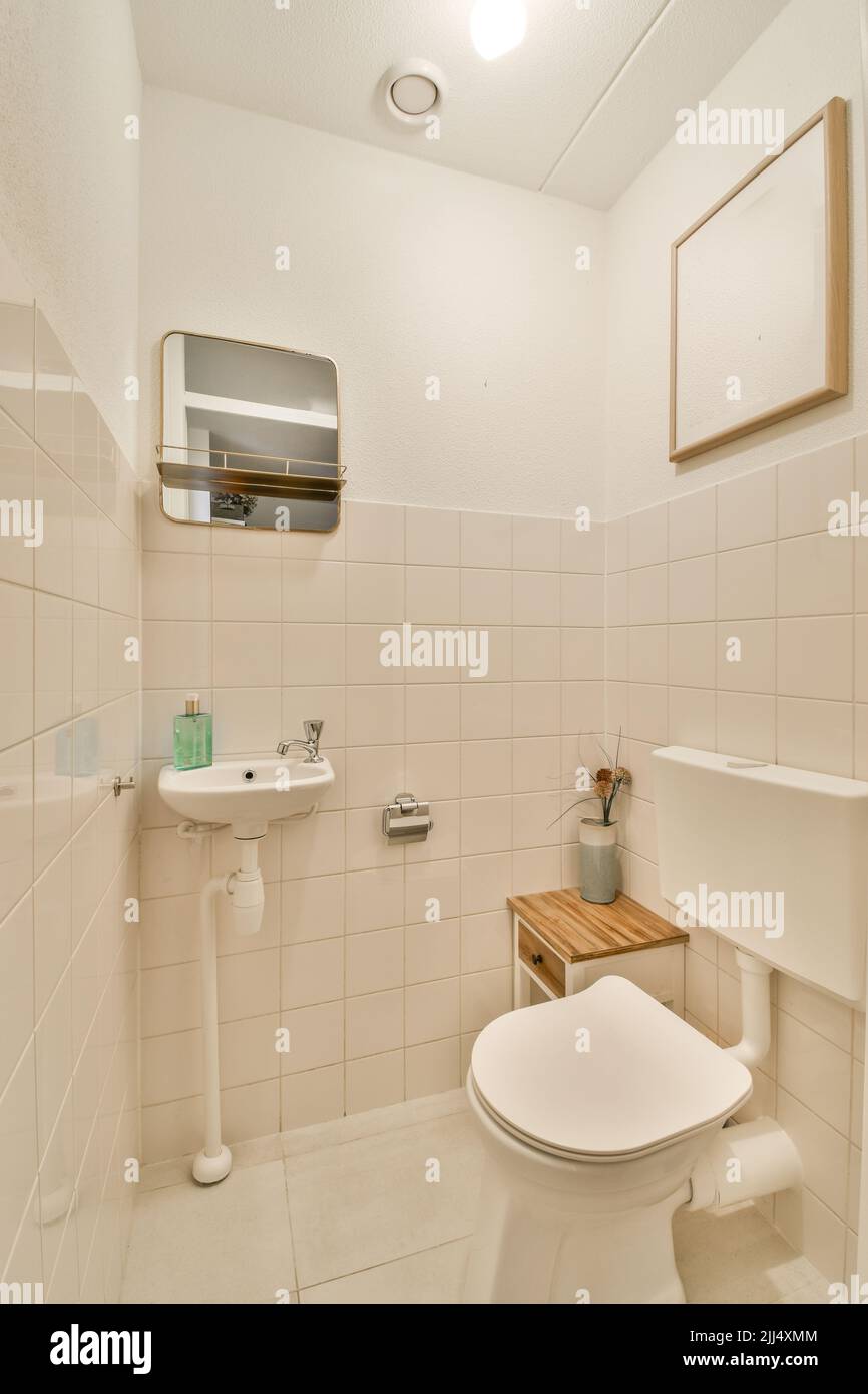 Modern Flush Toilet And Ceramic Sink Installed On White Tiled Walls