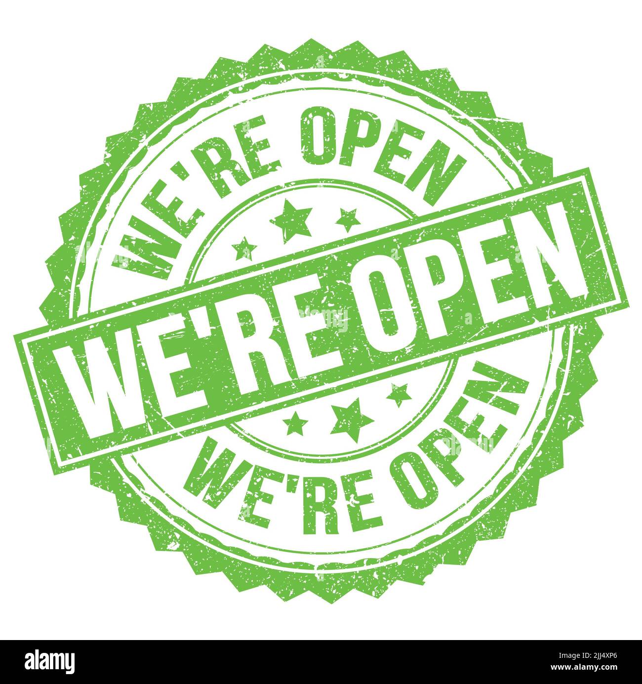 WE'RE OPEN text written on green round stamp sign Stock Photo - Alamy