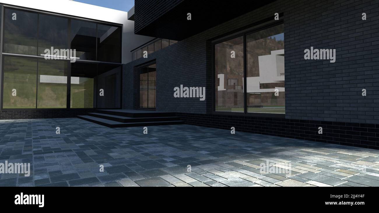 Gray rectangular paving stones in the courtyard of a modern high-tech ...