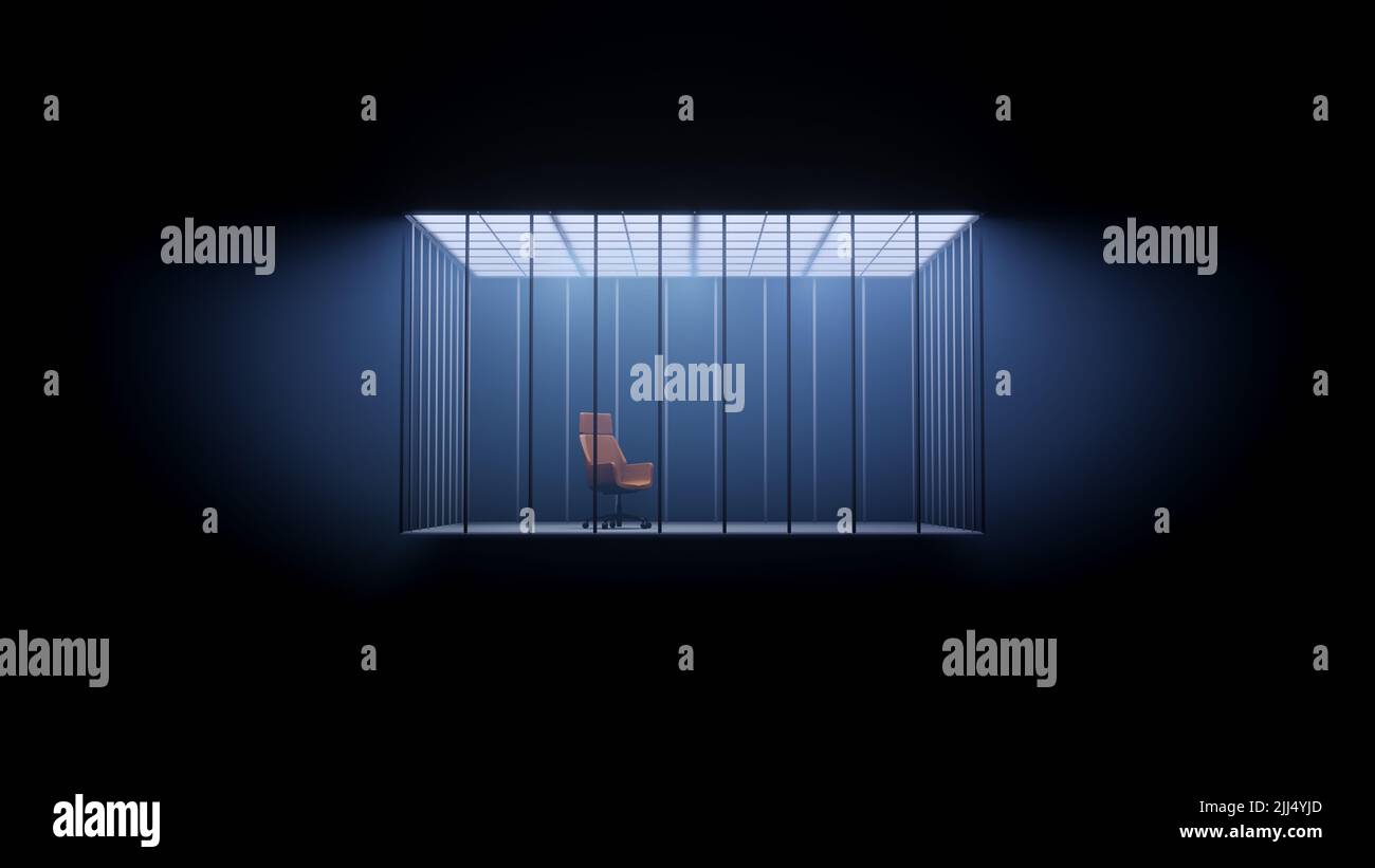 Prison office cage with chair concept under isolate into dark room ...