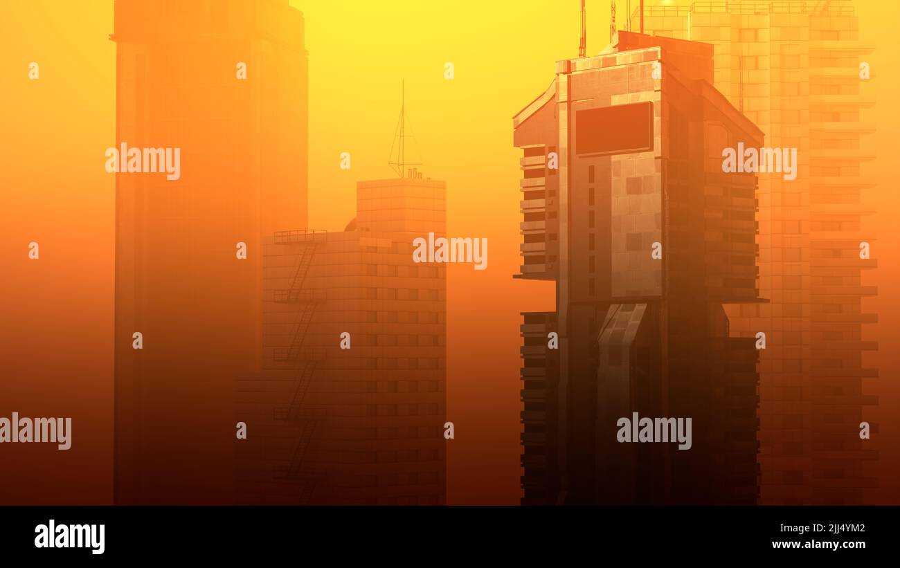 Sci-fi building in poor weather morning, haze of pollution covers city ...