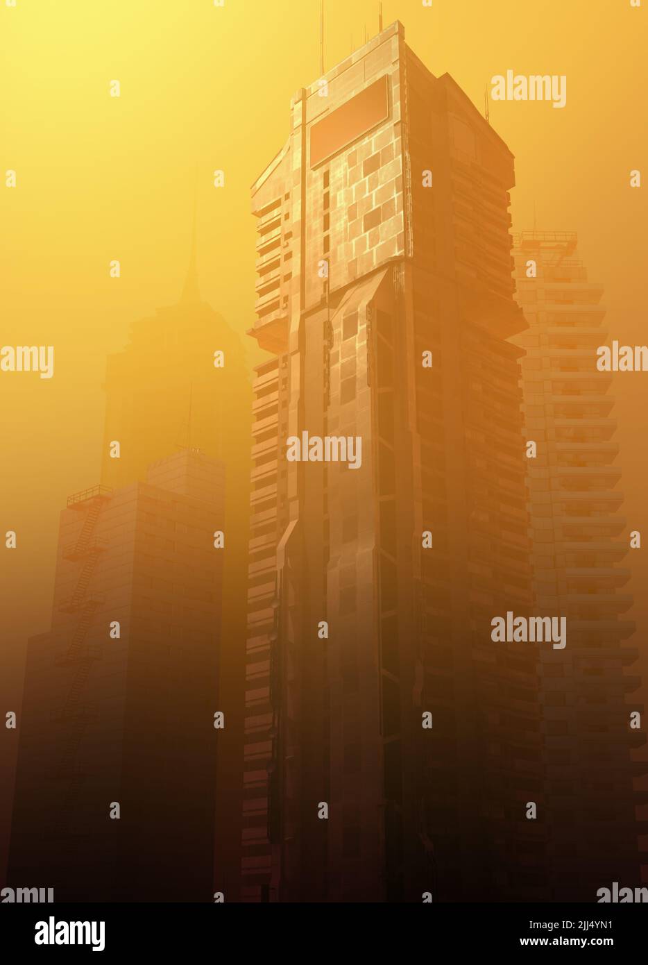 Misty future city building in orange fog. Haze of pollution covers city ...