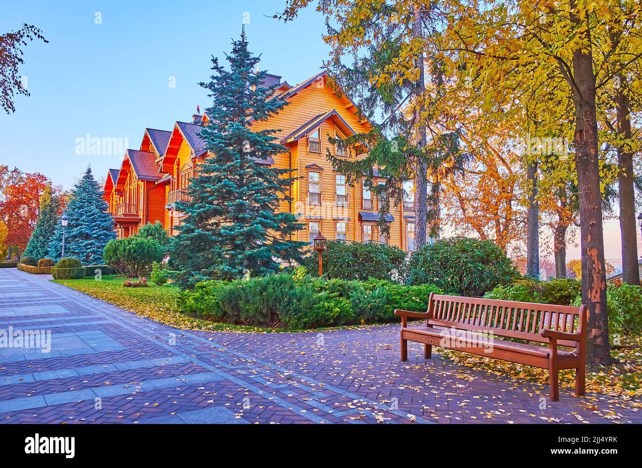 MEZHYHIRYA, UKRAINE - OCT 26, 2021: The conifer trees and bushes at the ...